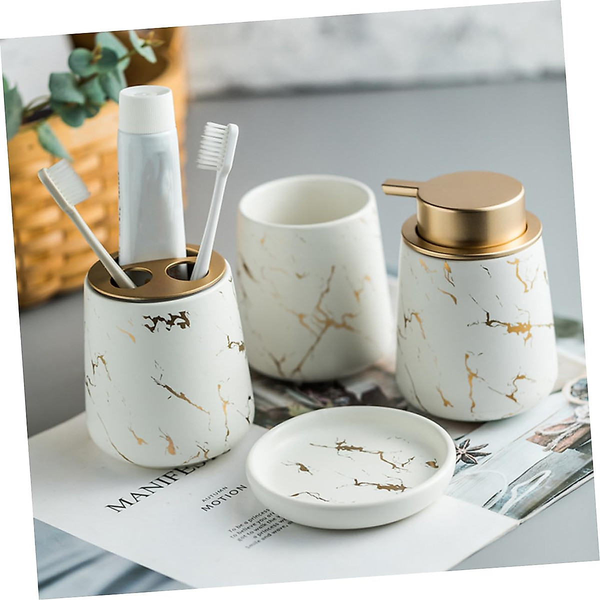 Cabilock 2 Sets Bathroom wash Set Bathroom Decorations Tooth Brushing Holder Toothbrush Tumbler Bathroom Cups Lotion Container Empty Soap Tray Storage Tank White Ceramics handwashing Fluid