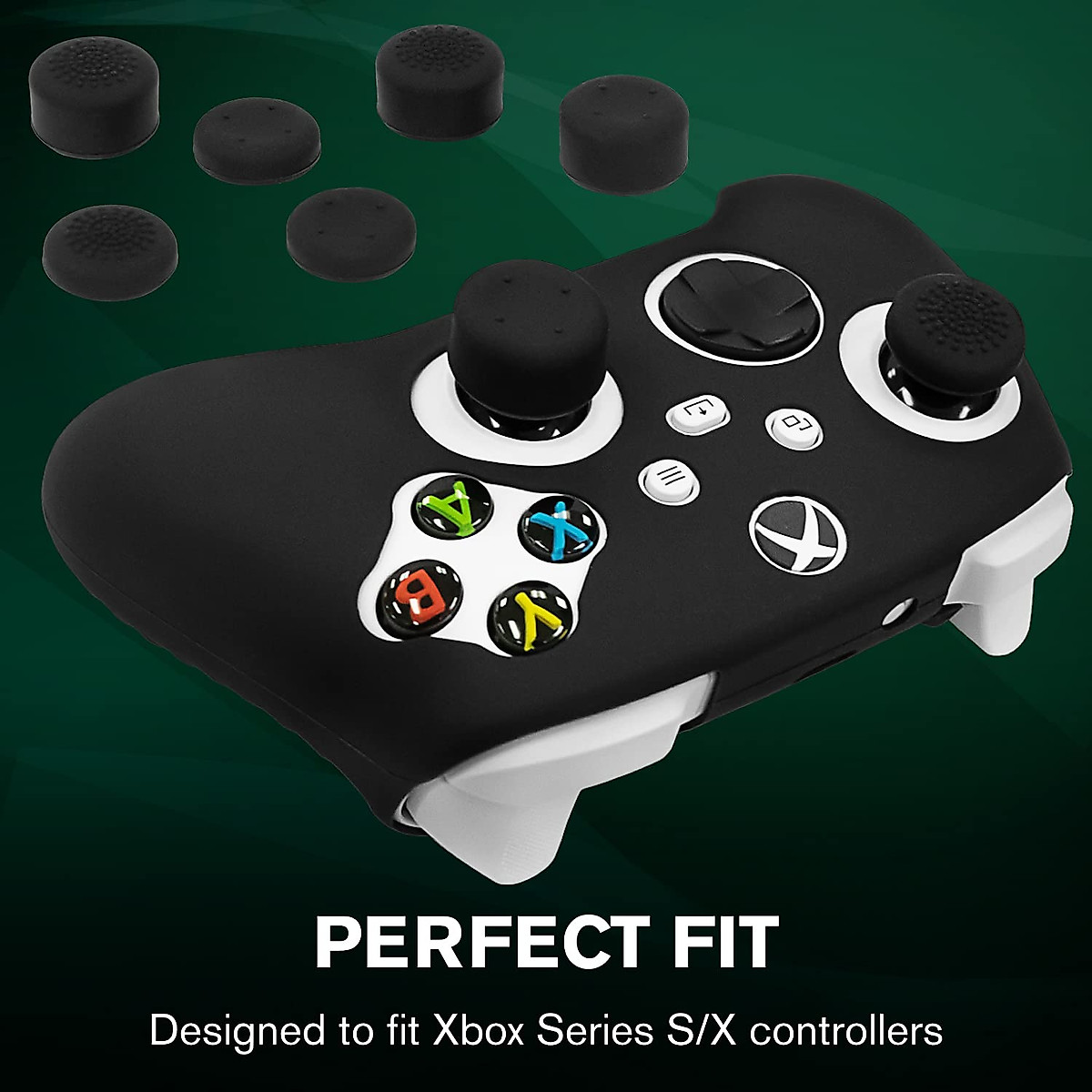 Fosmon Non-Slip Skin Protective Case Cover Compatible with Xbox Series X/S Controller (2 Pack - Black), Sweat Proof Silicone Rubber Gel Skin with 8 Thumb Grips Analog Cap