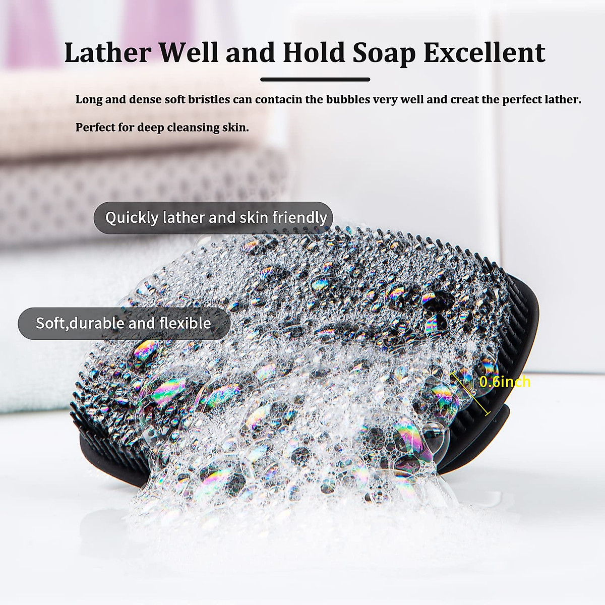HieerBus Silicone Body Scrubber Flat Shower Brush Gentle Exfoliating and Massage,Long Bristles Lathers Well and More Hygienic Than Traditional Loofah 1 Pack (Black)
