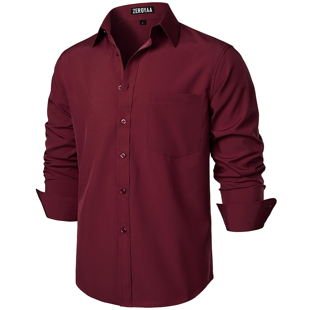 ZEROYAA Men's Regular Fit Dress Shirt Solid Wrinkle-Free Long Sleeve Casual Business Button Up Shirts with Pocket ZSSCL05-Maroon Small