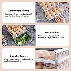 elabo 32 Grid Large Capacity Egg Holder for Refrigerator, Stackable Refrigerator Organizer Drawers with Removable Drain Tray, Fridge Organizer Bins, Pull Out Food Storage Container Bins with Drawer