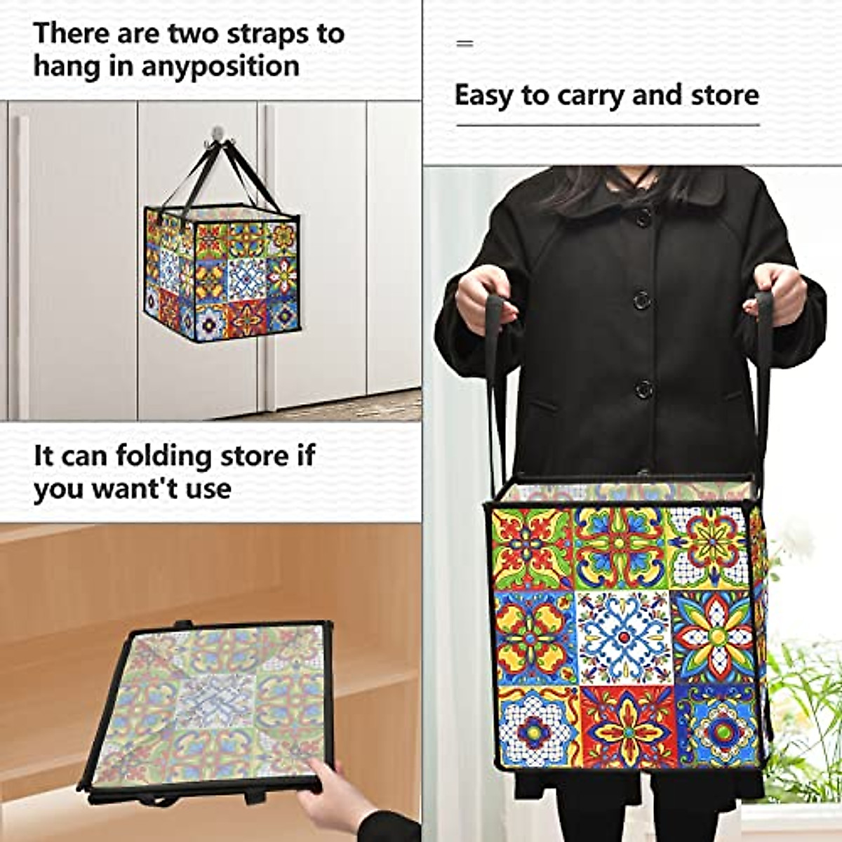 Kigai Mexican Talavera Cube Storage Bins, 13x13x13inch Collapsible Fabric Storage Cubes Organizer with Handles Decorative Storage Baskets for Home, Shelf, Closet