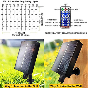 Solar Curtain Lights Outdoor Garden 300 LED Fairy String Lights 8 Modes Remote Control Waterproof Solar Waterfall Lights for Gazebo Patio Party Home Festival Wedding Wall Christmas Decorations(White)