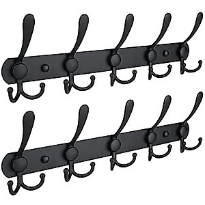 TICONN Wall Mounted Coat Rack, Five Heavy Duty Tri Hooks All Metal Construction for Jacket Coat Hat in Mudroom Entryway (Matte Black, 2-Pack)