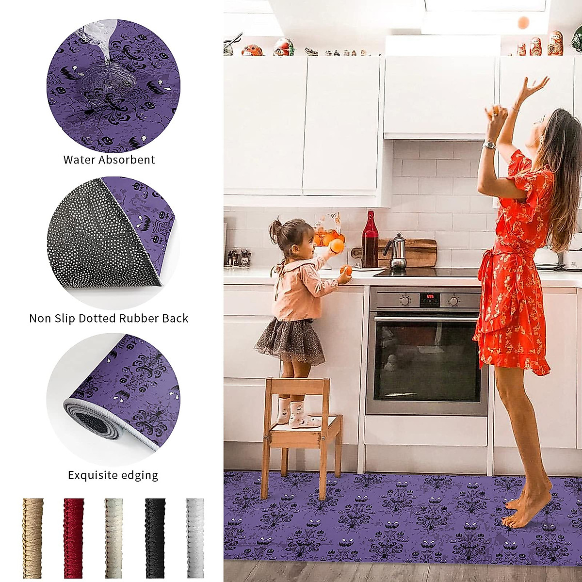 Kitchen Rugs and Mats Sets of 2 Halloween Non-Slip Rubber Backing Area Rugs Washable Runner Carpets for Floor, Kitchen Ghost Face Purple Pattern Pumpkin Spider 15.7x23.6+15.7x47.2inch