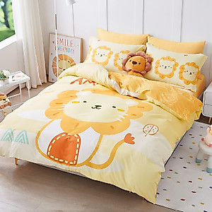 SAPHREAS Lion Kids Duvet Cover Set Twin Size 4pcs with Fitted Sheet Yellow Cute Animal Cartoon Pattern Comforter Cover Set 100% Cotton Quilt Cover 1pc Fitted Sheet 1pc Pillow Shams 2pcs(No Comforter)