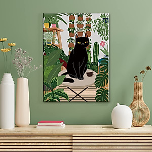 Black Cat and Plants Canvas Wall Art Poster Print, Modern Botanical Black Cat Painting Ready to Hang Home Office Living Room Decor Gift (11.5" x 15")