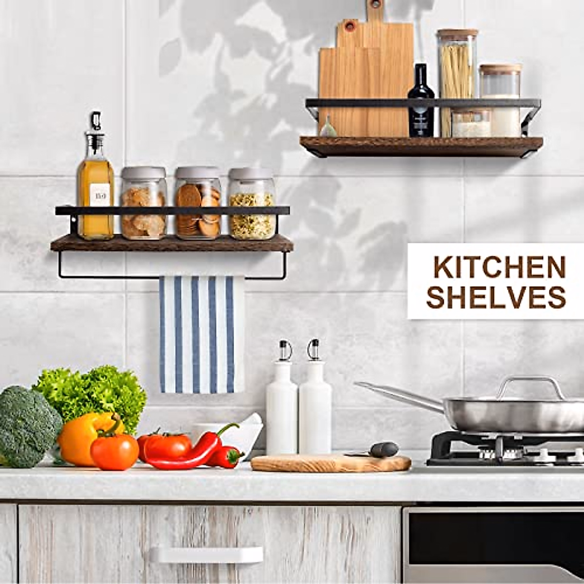 AGM Floating Shelves, Bathroom Floating Shelf Set of 2, Carbonized Black Wall Storage Shelf with Towel Bar, Wall Mounted Shelves for Plants, Book, Bathroom, Bedroom, Kitchen, Living Room Decoration