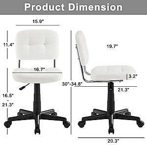 VECELO Modern Armless Home Office Desk Chair, 360°Rolling Swivel Adjustable Height for Make Up/Bed Room/Small Space, Linen Fabric, White