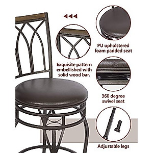 KATDANS Swivel Bar Stools Set of 2, 24-29 Inch Adjustable Seat Height Bar Stool with Back, Brown Leather Kitchen Island Stools for Pub, Bistro, Restaurant, Brown Seat-Black Metal Frame, KS902P