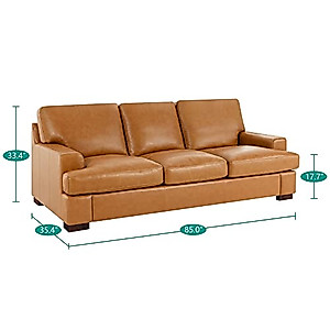 Naomi Home Siggy Genuine Leather Sofa - Luxurious Comfort, Goose Feather Cushion Filling, Square Arm Design, Sturdy Block Legs, Elegant Tan - Ideal for Living Room, Office, or Bedroom