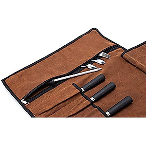 Chef’s Knife Roll, 5 Pockets Knife Bag,Waxed Canvas Roll Up Culinary Bag,Professional Cutlery Storage Case, Portable Knife Tool Roll Bag, Multi-Purpose Knife Cover For Cooking, Camping (Brown)