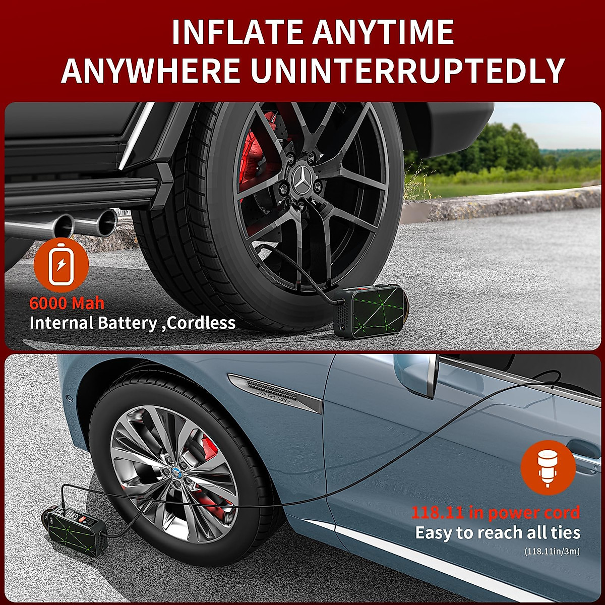 Tire Inflator Portable Air Compressor,150PSI 2X Faster Portable Air Pump for Car Tires,Rechargeable Battary & 12V DC Powered Air Compressor with Digital Pressure Gauge for Car Motorcycle Bike Ball