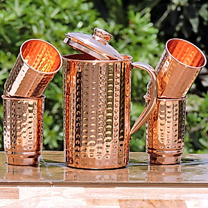 HealthGoodsIn - Pure Copper Hammered Pitcher with 4 Copper Tumblers | Hammered Copper Pitcher and Tumblers for Ayurveda Health Benefits
