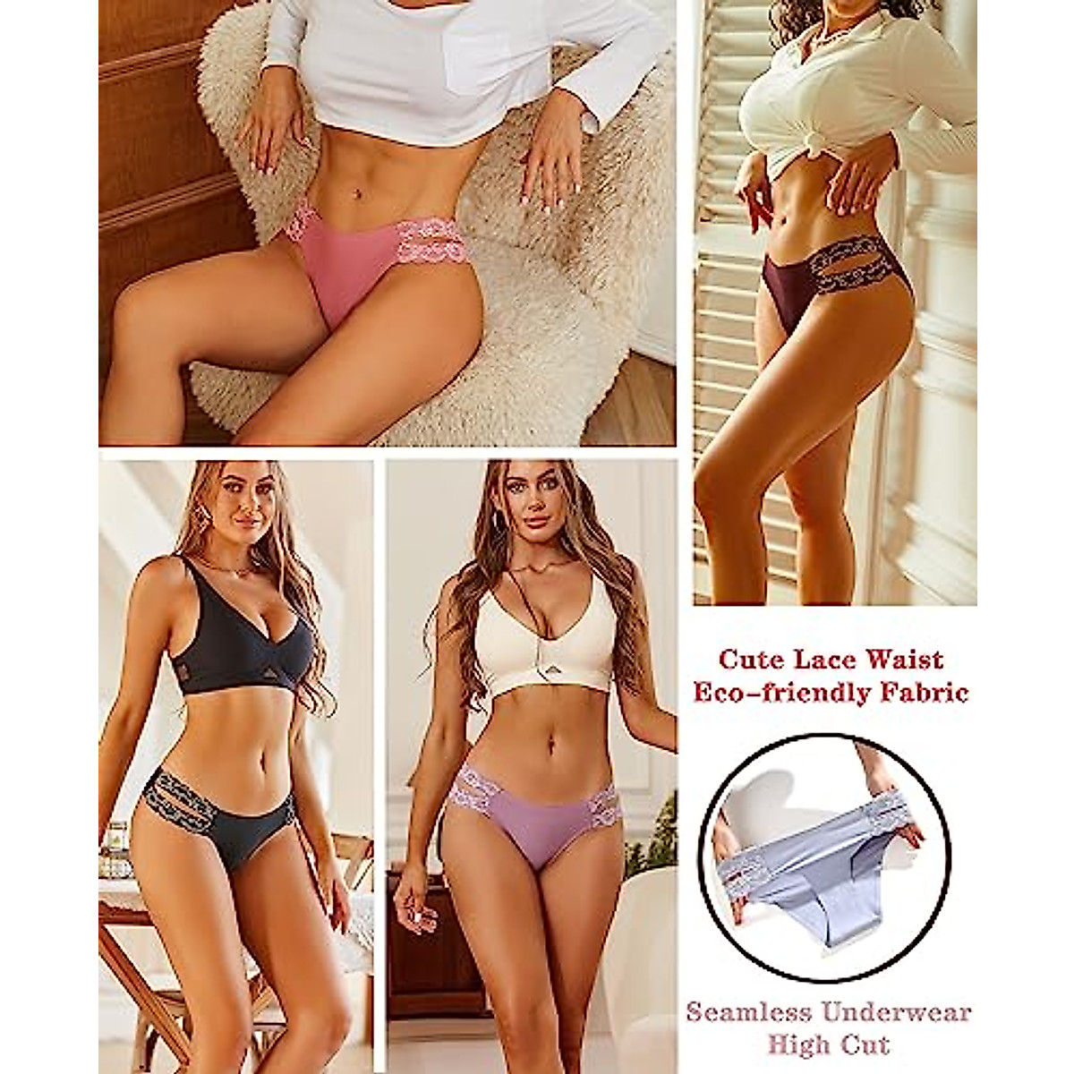 FINETOO Seamless Underwear for Women Cheeky Bikini Panties High Cut V-waist Lace Underwear Women Cute Bikinis 6 Pack