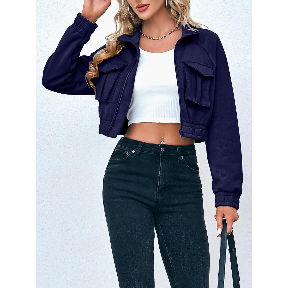 Fisoew Womens Cropped Jackets Casual Zip Up Long Sleeve Stand Collar Coat Outwear with Pockets Dark Blue