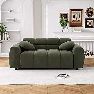 Wrofly Boucle Loveseat Sofa, 64.5" Comfy Tufted Upholstered Sherpa Deep Seat Cloud Couch, Modern Small Cozy Teddy 2 Seater Love Seat with 2 Pillows for Living Room Apartment Bedroom, Olive Green