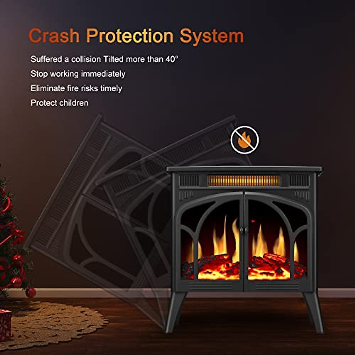 Electric Fireplace Stove Heater, Freestanding Electric Fireplace, Fireplace Heater with 3D Logs and Realistic Flame,Adjustable Brightness and Color, 5100btu Max 1500w,Black
