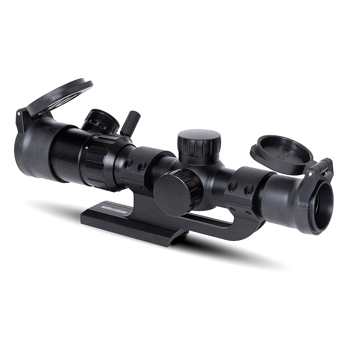 Monstrum 1-4x20 Rifle Scope with Rangefinder Reticle | ZR250 H-Series Offset Scope Mount | Monstrum Flip Up Lens Cover Set | Bundle