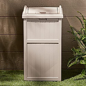 Suncast 33 Gallon Hideaway Trash Can for Patio - Resin Outdoor Trash with Lid - Use in Backyard, Deck, or Patio - Taupe