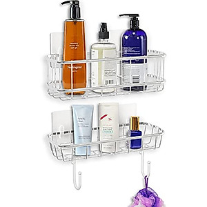 Simple Houseware 2-Tier Wall Mounted Adhesive Shower Caddy Shelf Organizer w/Hooks, Chrome