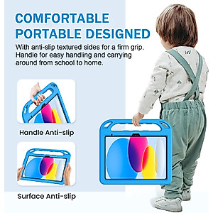 BMOUO Kids Case for iPad 10th Generation 10.9 inch 2022 - with Built-in Screen Protector, Shockproof Light Weight Covertible Handle Stand 2022 iPad 10th Generation Case for Kids Toddlers Girls, Blue