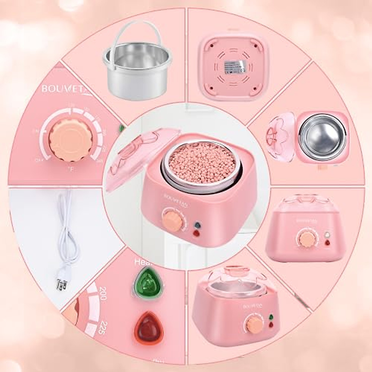 Bouvetan Waxing Kit for Women - Warmer with 17.5oz Hard Wax Beads, 20 Wax Sticks for Face, Eyebrow, Armpit, Arms, Legs, Bikini Hair Removal