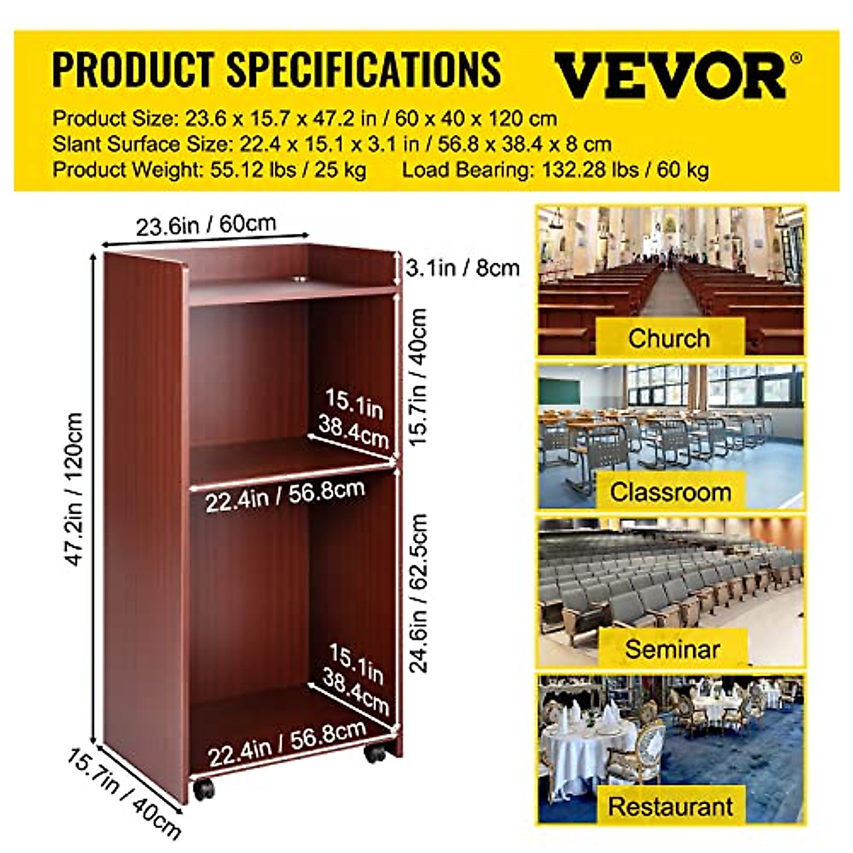 VEVOR Wood Podium, 23.6" x 47.2", Lecterns and Podiums w/ 4 Rolling Wheels, Baffle Plate & Shelf, Easy Assembly Walnut Wood Lecterns for Church, Office, School, Home