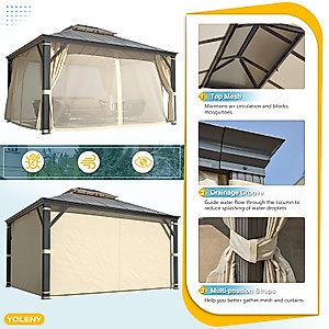 YOLENY 12'x14' Hardtop Gazebo, Permanent Outdoor Aluminum Patio Gazebo with Aluminum Composite Double Roof for Patio Lawn and Garden, Curtains and Netting Included