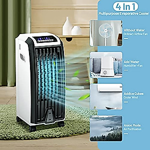 KOTEK Evaporative Cooler, Portable Air Cooler, Fan & Humidifier w/7.5H Timer, Anion Function, 3 Modes & 3 Speeds, Bladeless Quiet Evaporative Air Cooler w/Remote Control for Home, Office