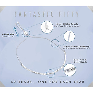 Lucky Feather 50th Birthday Gifts for Women Turning 50 - Sterling Silver Dipped Beads Bracelet on Adjustable Cord, 50th Birthday Jewelry Gift Ideas for 50 Year Old Woman