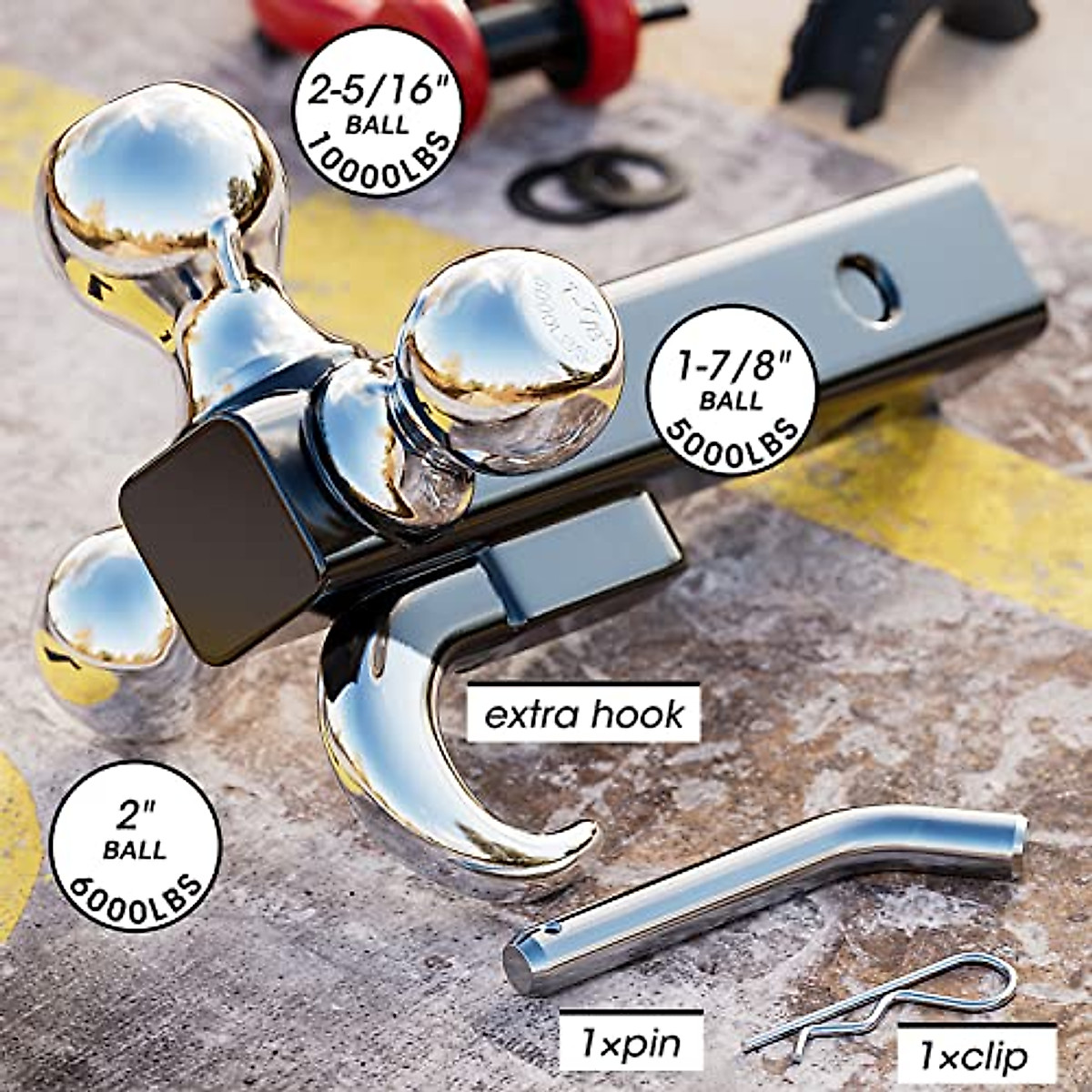 PLIOSAUR Tri Ball Hitch with Hook&Pin,Ball Size 1-7/8"Ball Hitch, 2" and 2-5/16"Trailer Ball Fit 2 Inch Receiver,Howllow Shank Tow Hitch,Black