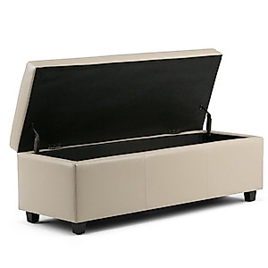 SIMPLIHOME Avalon 48 inch Wide Contemporary Rectangle Storage Ottoman Bench in Satin Cream Vegan Faux Leather, Assembled, for the Living Room, Entryway and Family Room