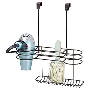 mDesign Metal Over Door Bathroom Hair Care & Styling Tool Organizer Storage Basket for Hair Dryer, Flat Irons, Curling Wands, Hair Straighteners - Hang Inside or Outside Cabinet Doors - Bronze