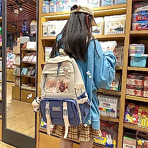 LELEBEAR Kawaii Backpack, Cute Bookbags With Kawaii Pin And Accessories (Black White)