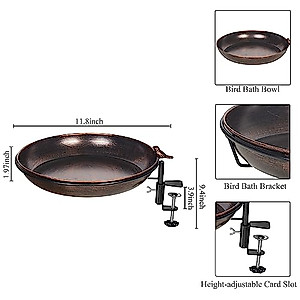 DREAMSOUL Deck Mounted Bird Bath Metal Birdbath Bowl Unheated with Lightweight Detachable, Bird Baths with Adjustable Sturdy Steel Clamp for Deck Railing Balcony Yard Outdoors Garden Decoration