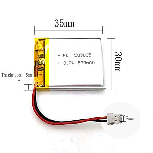 CaoDuRen Rechargeable 3.7V Li Lipo Lithium Polymer Ion Battery Pack with 2 Pin 2.0mm/1.25mm JST Connector (503035 500mAh 2.0Jst)