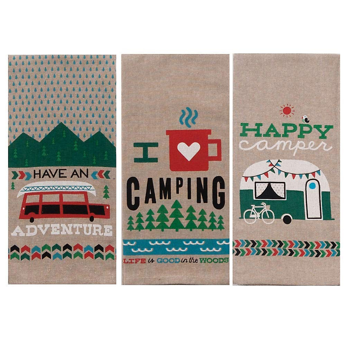 Kay Dee Designs Camping Adventures Chambray Tea Towel Set of 3: Bundle Designs Include: Have an Adventure - I Heart Camping - Happy Camper