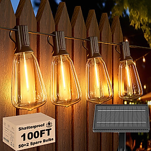 Svater Solar String Lights Outdoor, 100FT ST38 Patio Lights with 52 Shatterproof LED Bulbs(2 Spare), Waterproof Plastic Solar Powered Hanging Lights String for Outside Backyard, Garden, Pergola