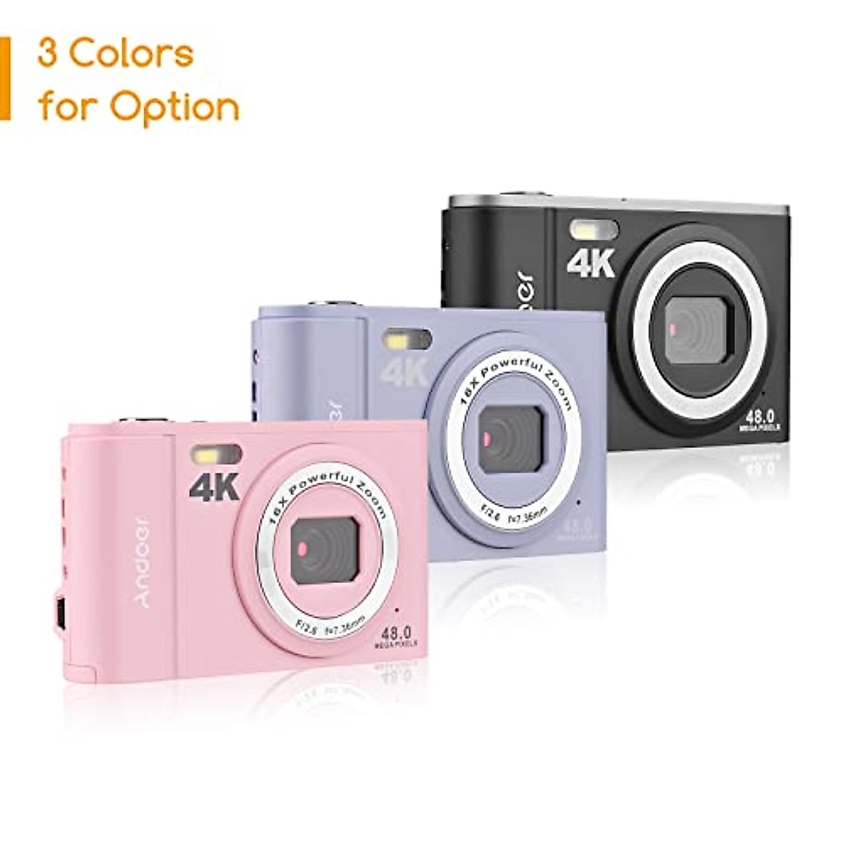 Andoer Portable Digital Camera 48MP 4K 2.8-inch IPS Screen 16X Zoom Self-Timer 128GB Extended Memory Face Detection Anti-Shaking with 2pcs Batteries 32GB Memory Card Hand Strap Carry Pouch