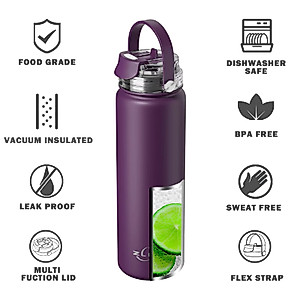 ZLINS 22oz Insulated Water Bottle with Dual Use lid(Straw Sip and Flip Drink), Leak Proof Stainless Steel Thermos Cup for Sports and Travel, Double Walled Vacuum Flask, Keep Cold or Hot(Purple)