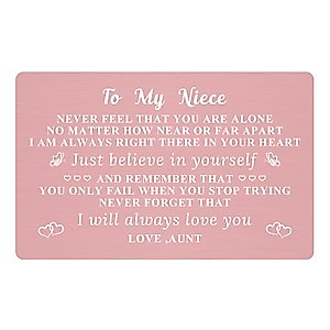 Ptzizi Niece Pink Metal Wallet Insert Card, Engraved Inspirational Wallet Card for Niece Birthday Adult Christmas Graduation Gifts from Aunt Uncle (A11)