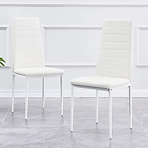 ROZHOME Dining Chair Set of 2, Modern Kitchen Chairs, Upholstered Side Chair, PU Side Chairs with Metal Legs and Frame, White