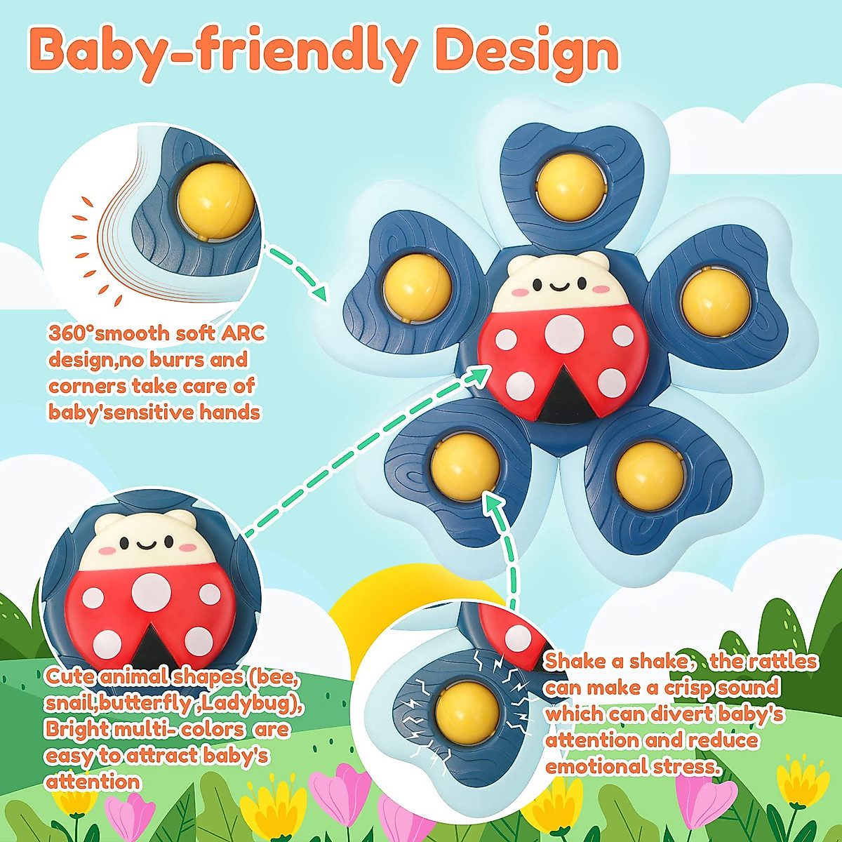 Vanmor Baby Suction Cup Spinning Top Toys, Suction Spinner Toys for Babies, Window Suction Toys for Baby High Chair Tray Bath Table Airplane Travel, Sensory Toys & Best Gift for Toddlers 1-3 (4 Pcs)