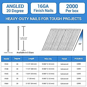 meite 16 Gauge Angled Finish Nails 2-Inch 20-Degree Galvanized Finishing Nails for Electric or Pneumatic Nailer Guns - Perfect for Window Trim, Cabinet Building and Other DIY Projects (2,000 PCS)