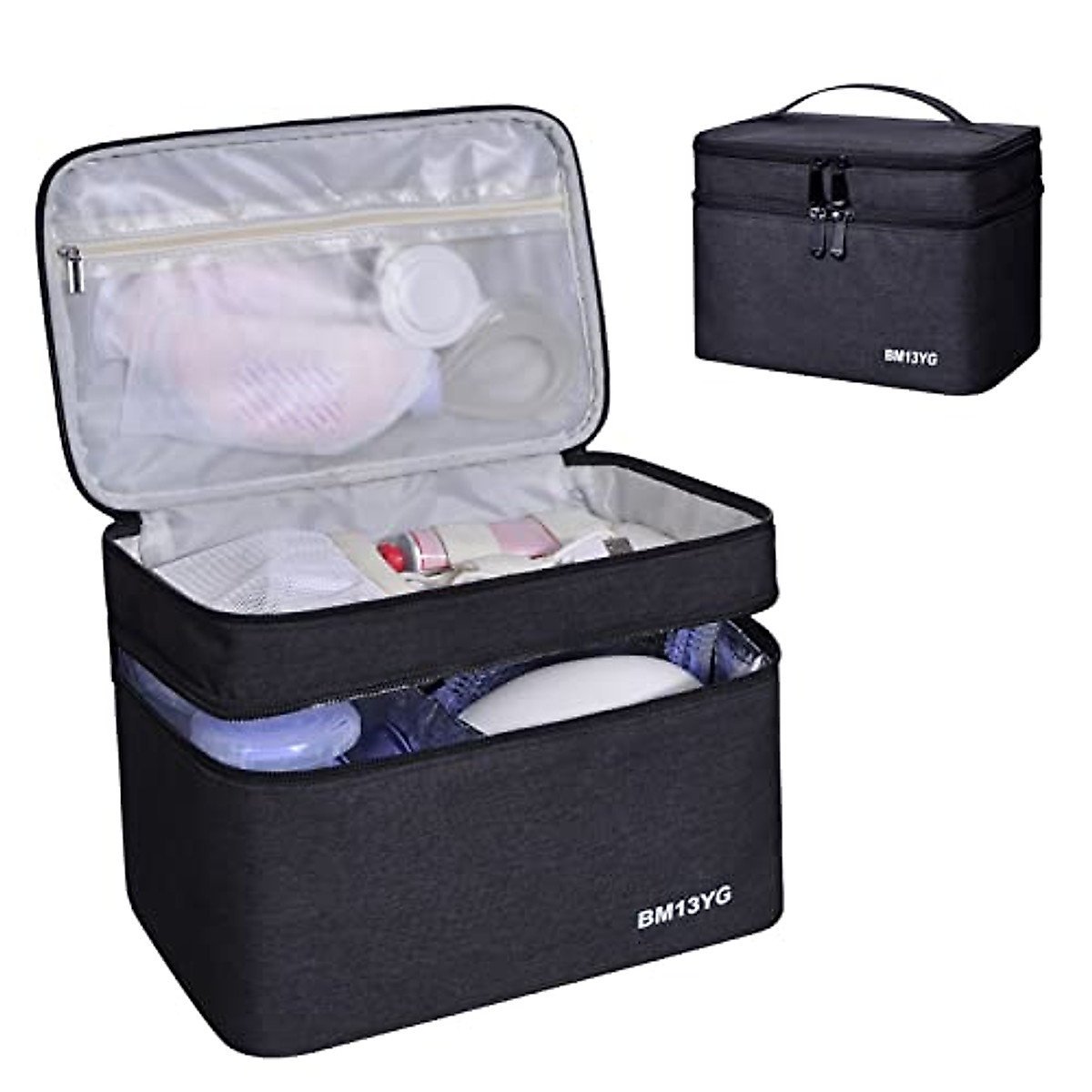 BM13YG Wearable Breast Pump Bag Fits Breast Pumps Like Momcozy, Medela, Lansinoh, Elvie, Willow, 2 Layers Portable Breast Pump Travel Bag for Working Moms and Extra Parts, Bag Only (Black)