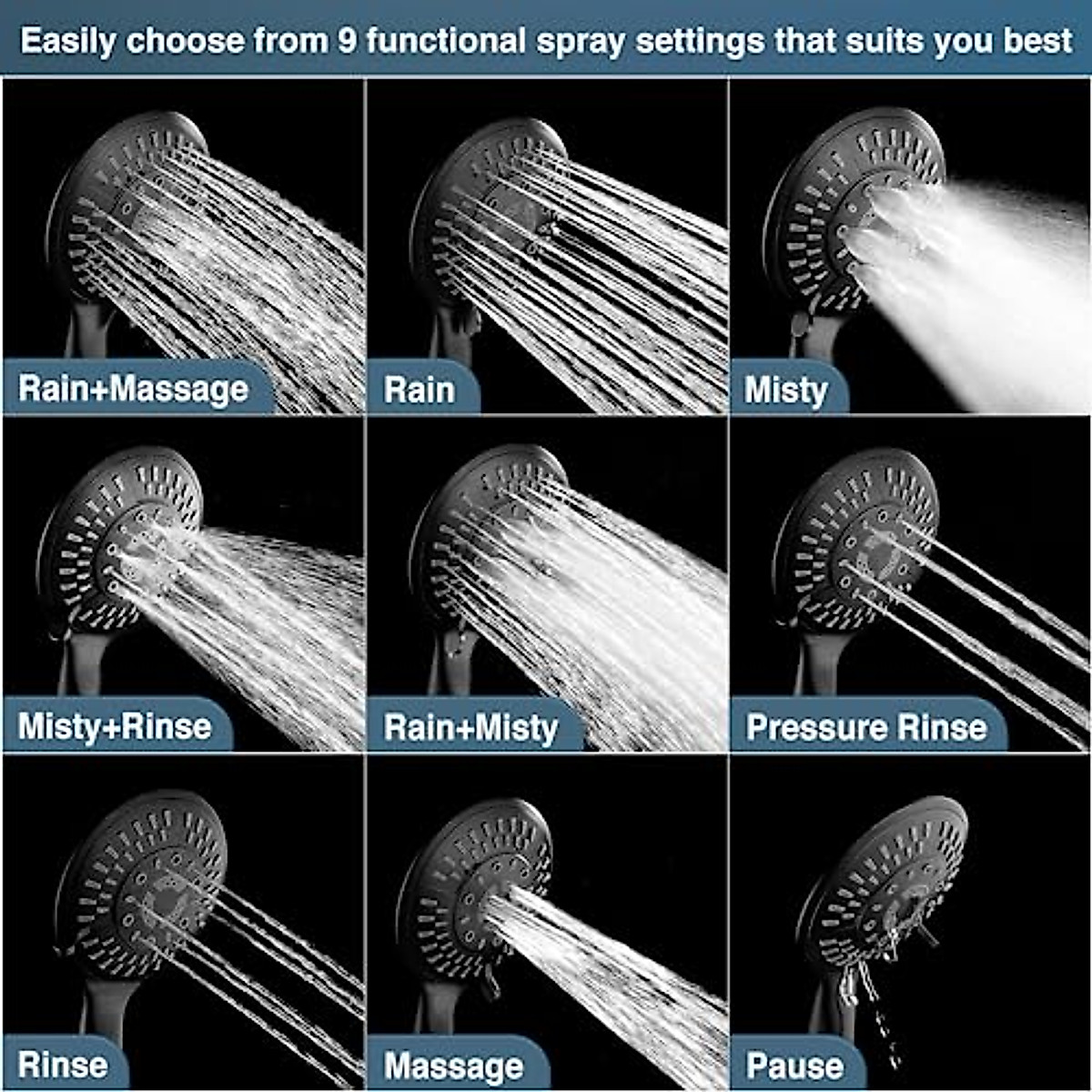 BRIGHT SHOWERS 9 Spray Settings Handheld Shower Head Set High Pressure Oil-Rubbed Bronze Hand Held Showerhead with 60 Inch Flexible Shower Hose and Adjustable Shower Arm Mount Bracket