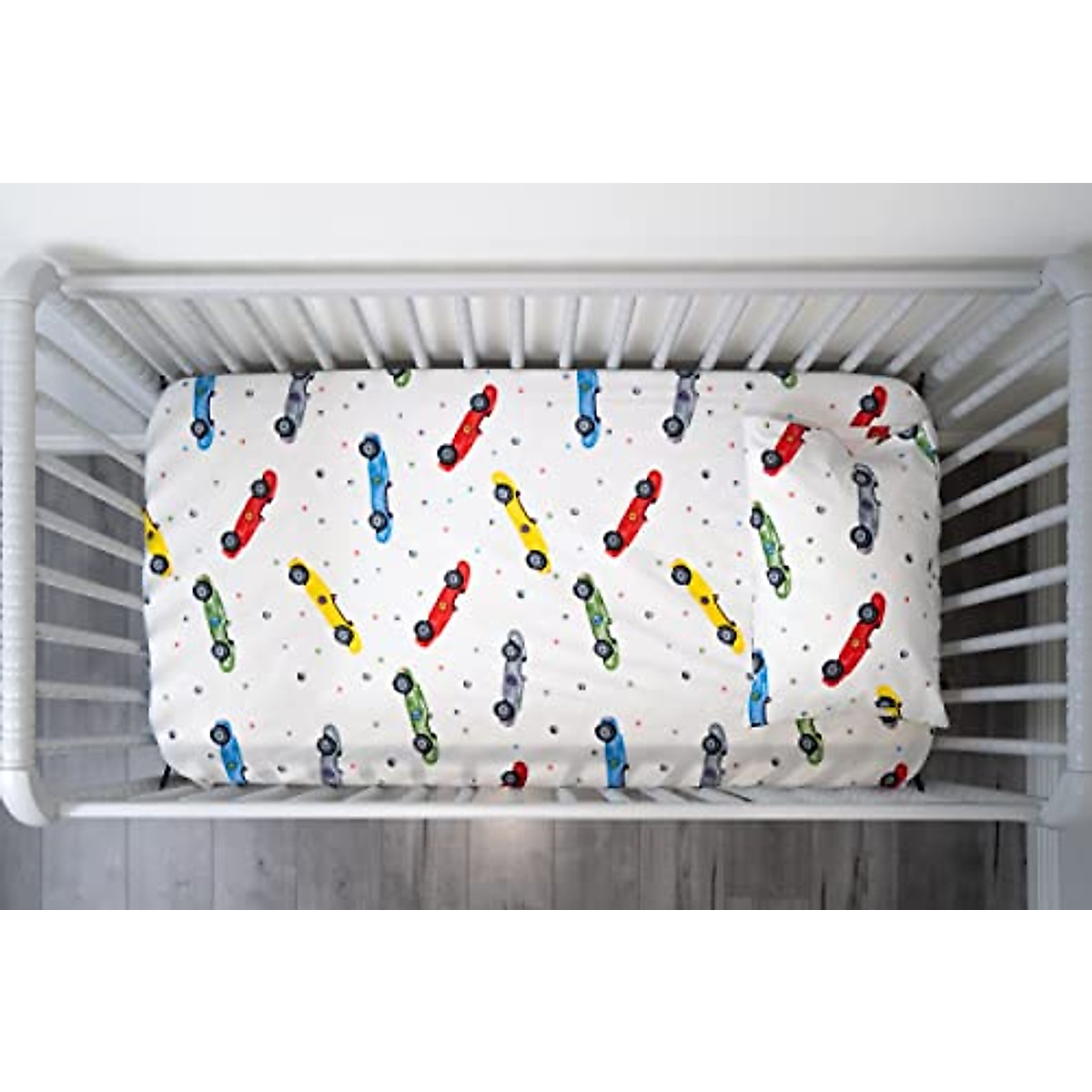 AREVENT 100% Organic Cotton Crib Sheet Set (2 Pieces)– Car Print Kids Bedding Set – GOTS Certified, Made in USA, 250 Thread Count (Crib/Toddler Sheet Set, Cars)