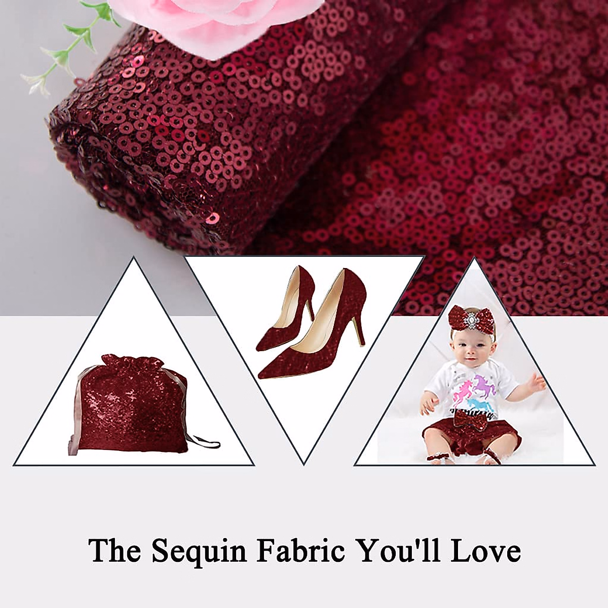 AMZLOKAE Fabric by The Yard Burgundy Sequin Fabric Glitter Fabric Shower Curtain Lining Fabric by The Yard for Dress Clothing DIY Sewing Material (1 Yard, Burgundy)