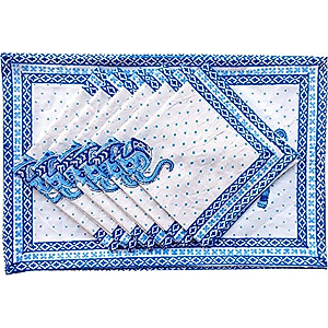 FIKIMOS Hand Block 100% Cotton Indian Style Theme Dining Table Mats and Napkins Set of 6 Place-mats Runners (Blue-03)